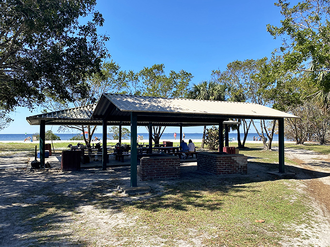 The covered pavilion stands ready for family gatherings, providing shade and shelter so your potato salad stays cool and your relatives stay comfortable.