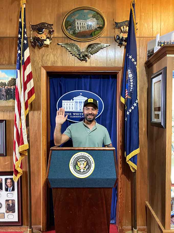Strike a pose behind the presidential podium and pretend you're addressing the nation, though your approval ratings might vary depending on your speech content.