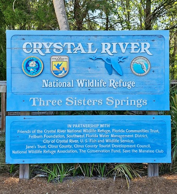 The official signage announces your arrival at manatee paradise, where multiple agencies work together to protect this natural wonder.