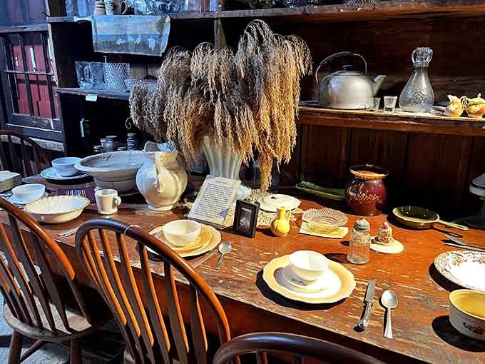 A dining table set as if expecting guests who've been running fashionably late for about a century now, give or take.