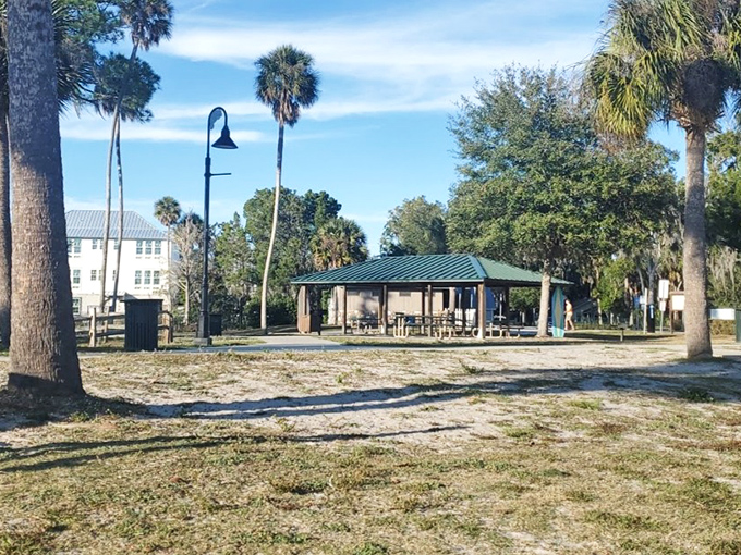 The covered pavilion provides welcome shade for picnickers and a perfect spot to regroup between water adventures.