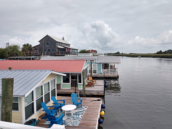 Colorful houseboats line the waterfront, offering both charming accommodations and a glimpse into the laid-back lifestyle that defines Apalachicola.