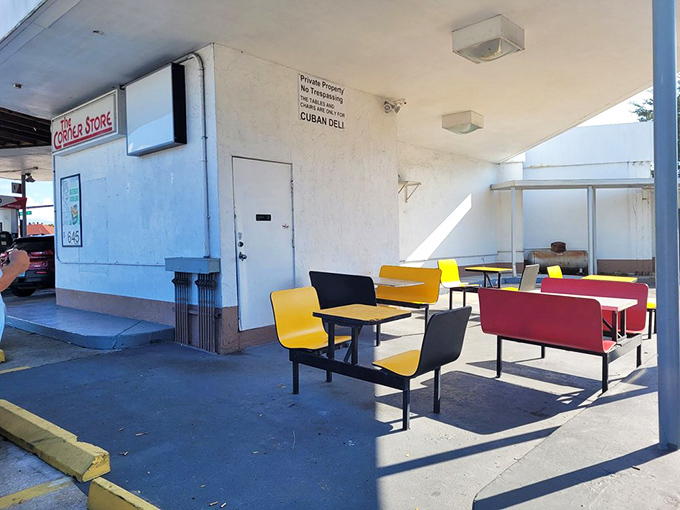 The outdoor seating area offers a no-frills spot to enjoy your sandwich in the Florida sunshine.