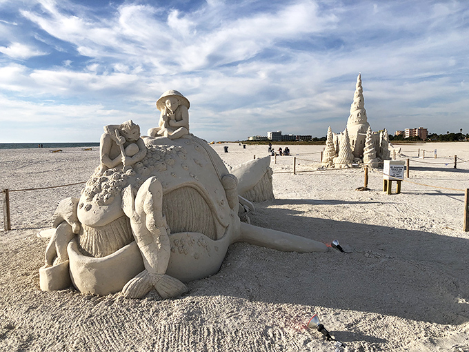 Elaborate sand sculptures showcase the artistic potential of Treasure Island's perfect building material, transforming grains into temporary masterpieces.