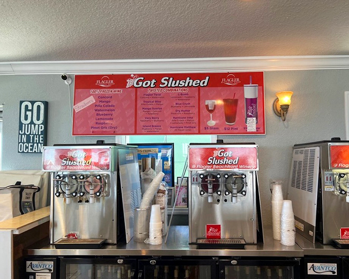 The slushie machines work their magic, churning frozen wine concoctions that make traditional tastings seem downright boring by comparison.