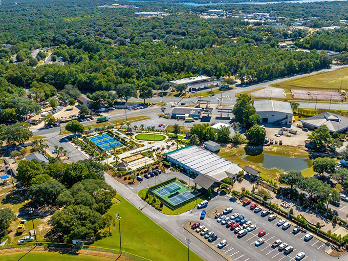 Recreation paradise! Niceville's sports complex emerges from the forest like a playground for grown-ups.