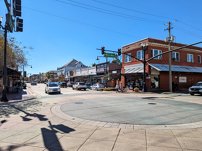 The town's main intersection features the iconic streetscape that earned DeLand recognition as a Main Street America community.