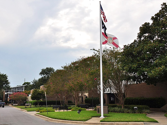 Patriotic corner! These flags snap smartly above grounds that would make any small-town mayor beam proudly.