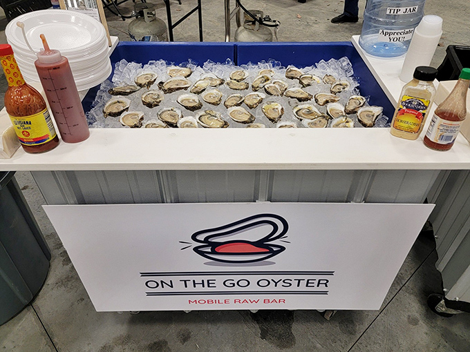Fresh oysters on ice, ready for immediate enjoyment. On the Go's portable raw bar showcases the day's harvest with all the fixings within arm's reach.
