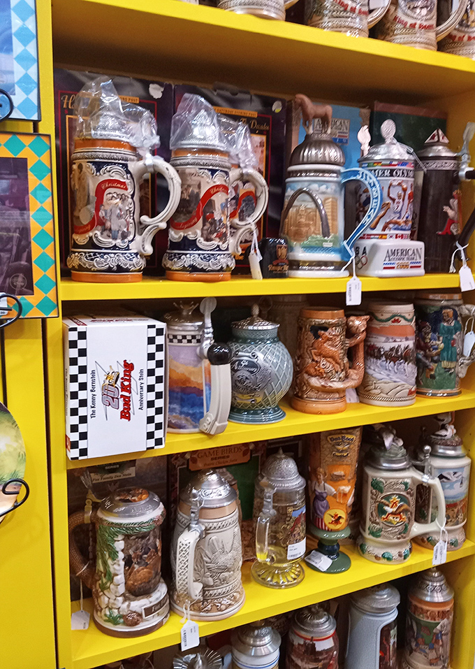 These ornate beer steins tell tales of celebrations past, each hand-crafted mug representing German craftsmanship that elevates drinking to an art form.