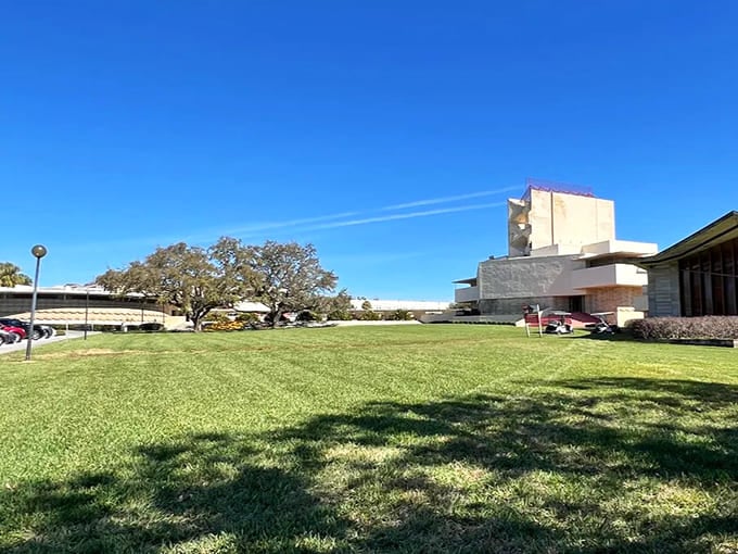 Expansive lawns connect Wright's masterpieces, creating breathing room where students and visitors can appreciate the architectural symphony around them.