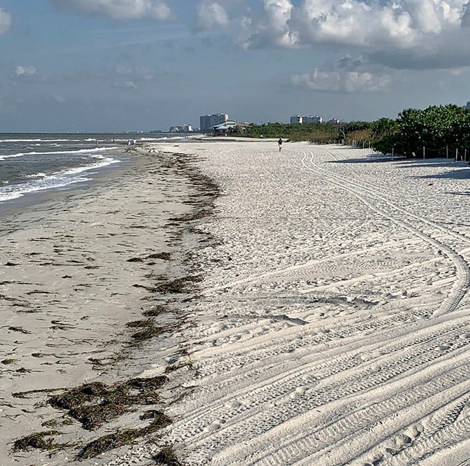 The groomed sand patterns create nature's own zen garden, though the tide will redecorate everything by tomorrow morning anyway.