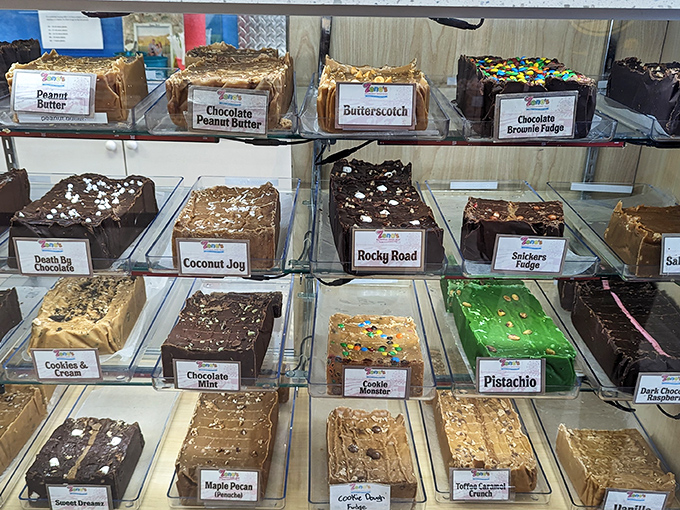 The fudge selection presents an impossible choice – each variety more tempting than the last, arranged like a delicious game of chess.