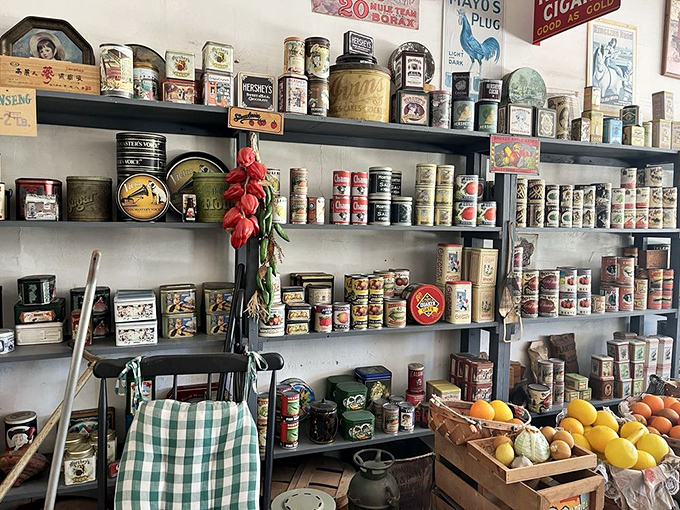 Vintage cans and packages line the general store shelves, showcasing an era when product design was an art form and planned obsolescence wasn't yet invented.