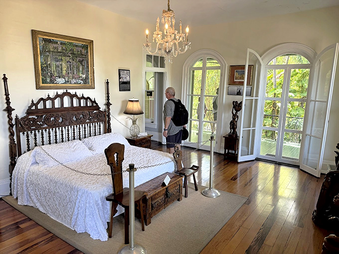 The master bedroom where Hemingway rested his head, complete with ceiling fan to combat the sultry Key West nights.