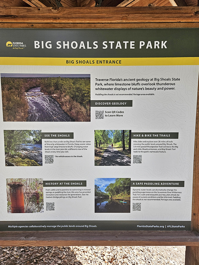 The information board reveals Big Shoals' multiple personalities &ndash; from geological wonder to historical site to outdoor playground.