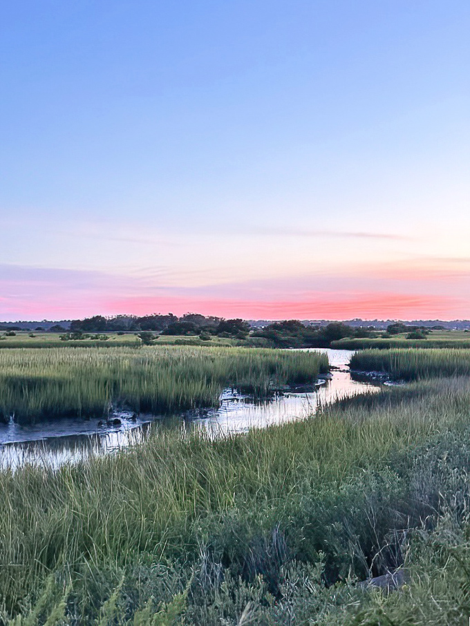 As day fades to dusk, the marshland transforms into a watercolor painting, creating nature's perfect backdrop for after-dinner conversation.