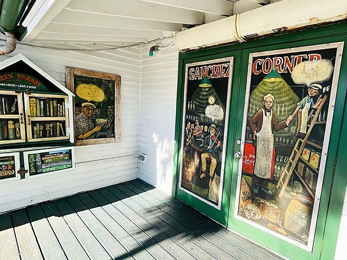 "Sanchez Corner" recreates a typical Key West storefront, complete with the architectural details and neighborhood characters the artist loved to document.