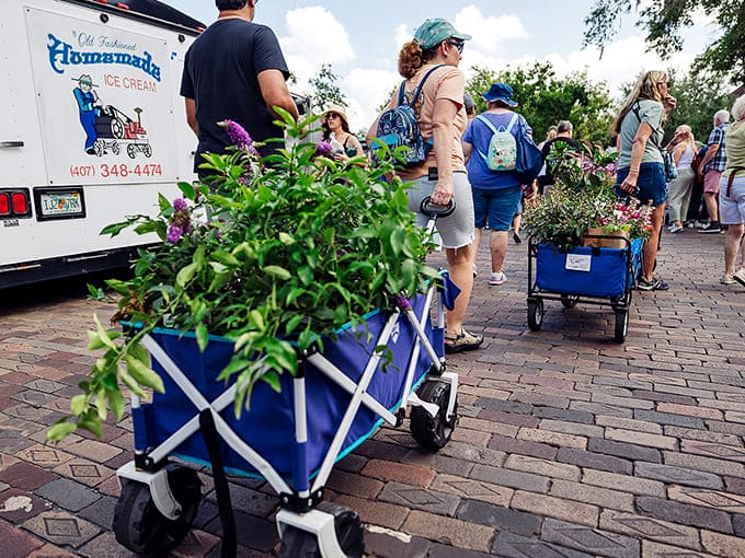 Smart shoppers come prepared with collapsible wagons, because carrying armfuls of plants is for amateurs and people with better upper body strength.