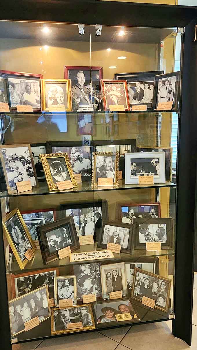 Display cases filled with photographs of Williams and his friends reveal the social side of the playwright, showing a man who valued connection and community.