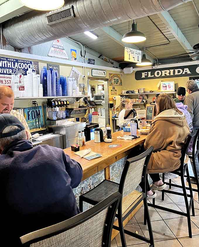 Counter seating offers front-row views of the breakfast action, where eggs crack and bacon sizzles in a symphony of morning sounds.