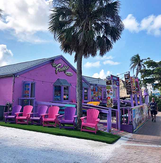 The Fudge Factory's impossible-to-miss pink exterior and rainbow-colored chairs invite sweet-toothed visitors to pause and indulge without guilt.