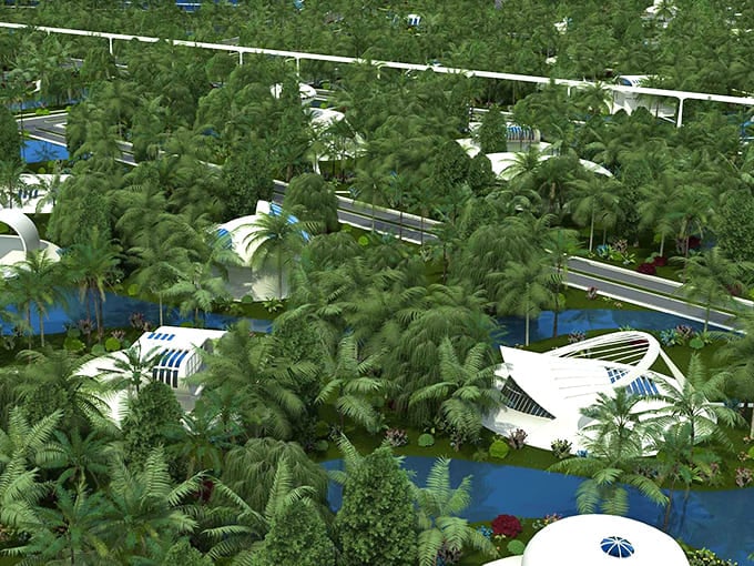 This aerial view reveals the full scope of the vision, with structures and green spaces working together in thoughtful harmony.