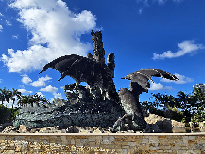 The sprawling plaza provides perfect viewing angles, inviting visitors to circle this modern monument to ancient mythology.