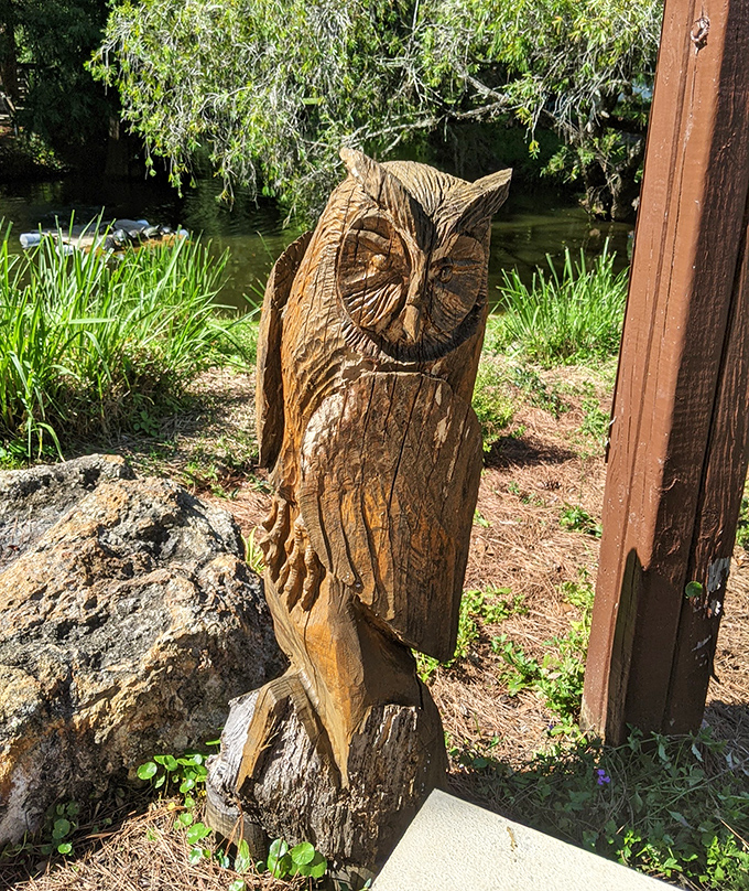 This carved wooden owl transforms a fallen tree into art, honoring the creature it represents through skilled craftsmanship.