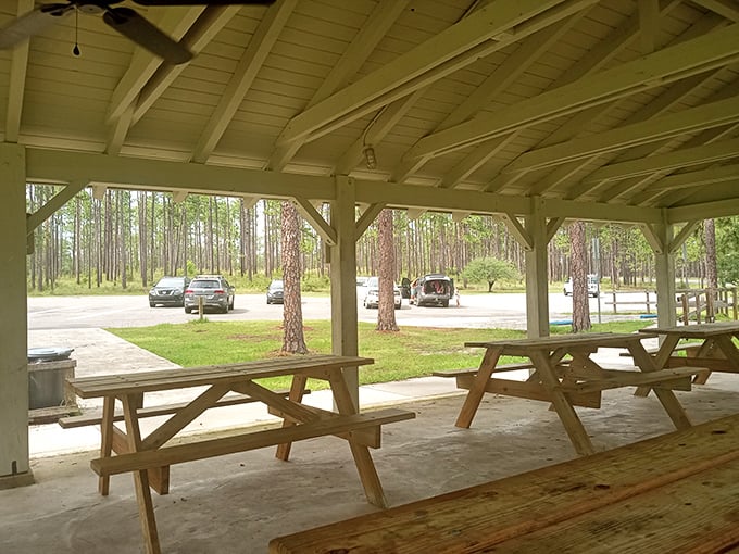 This rustic pavilion offers welcome shade for picnickers and a gathering place where memories are made between adventures on the trails.
