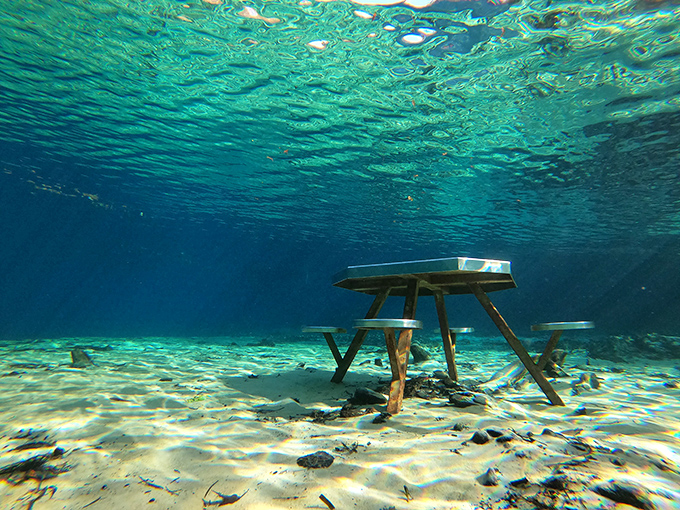 This submerged picnic table creates a surreal underwater meeting spot &ndash; Neptune's conference room, now accepting reservations for merpeople only.