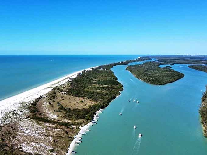 Aerial view of Keewaydin Island reveals its perfect position between the Gulf of Mexico and inland waterways.