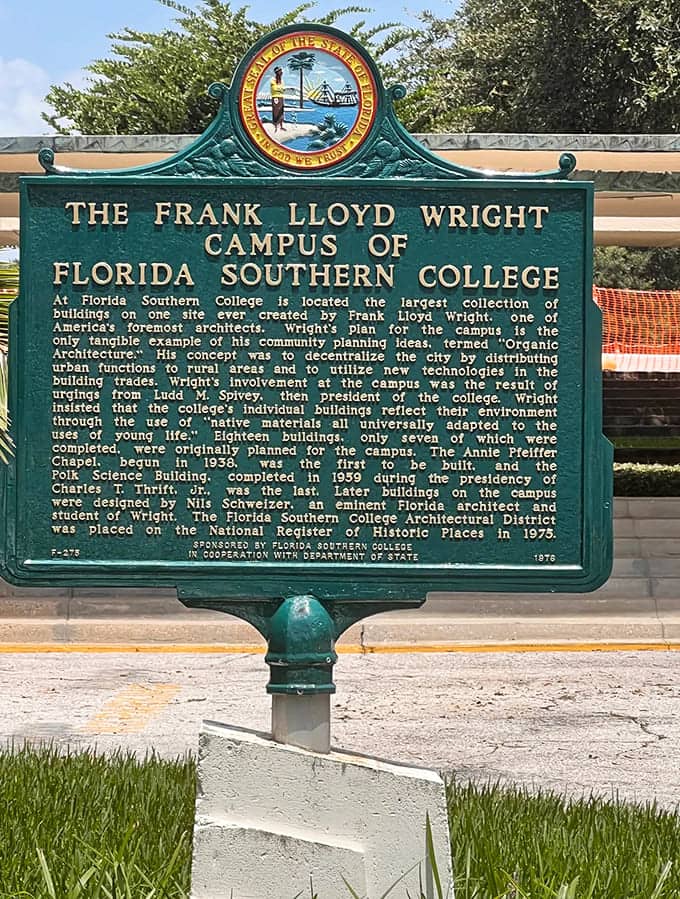 This historical marker tells the story of Wright's Florida vision, where his largest collection came to life in sunshine.
