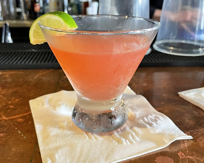 That cosmopolitan pink is the color of happiness, served in a glass that makes you feel fancy even in your beach casual attire.