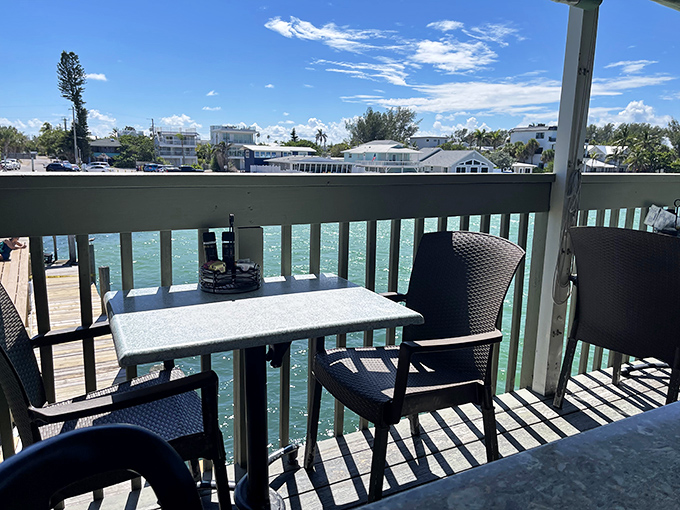 The dining deck offers front-row seats to nature's greatest show &ndash; dolphins, birds, and the ever-changing colors of the Gulf.
