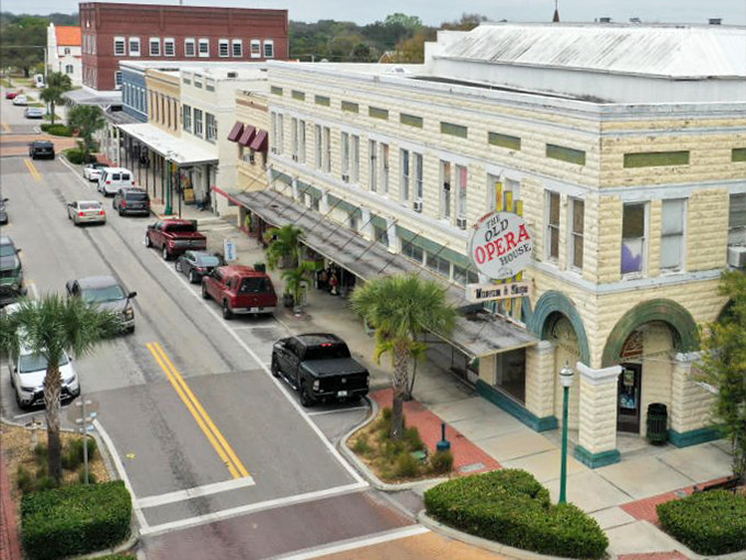 This elevated view showcases Arcadia's perfectly preserved downtown, where the Old Opera House anchors a streetscape that time has gently touched.