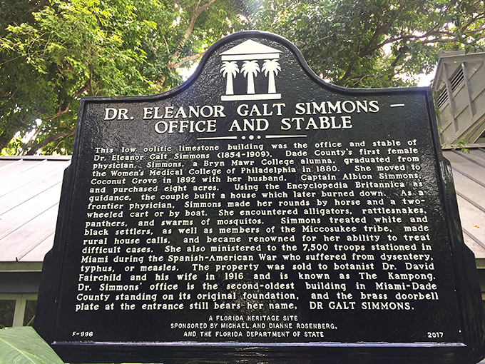 The historical marker tells the remarkable story of Dr. Eleanor Galt Simmons, whose pioneering spirit lives on in one of Miami's oldest structures.