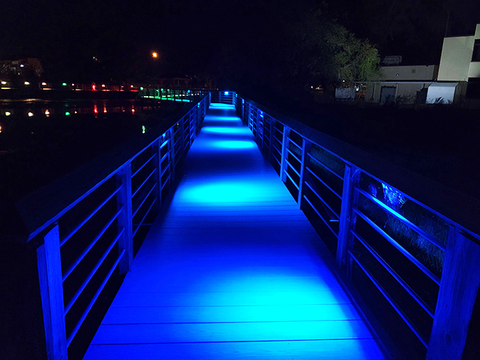 The boardwalk transforms after dark into a blue-lit pathway that makes evening strolls feel magical, not just mosquito-filled.