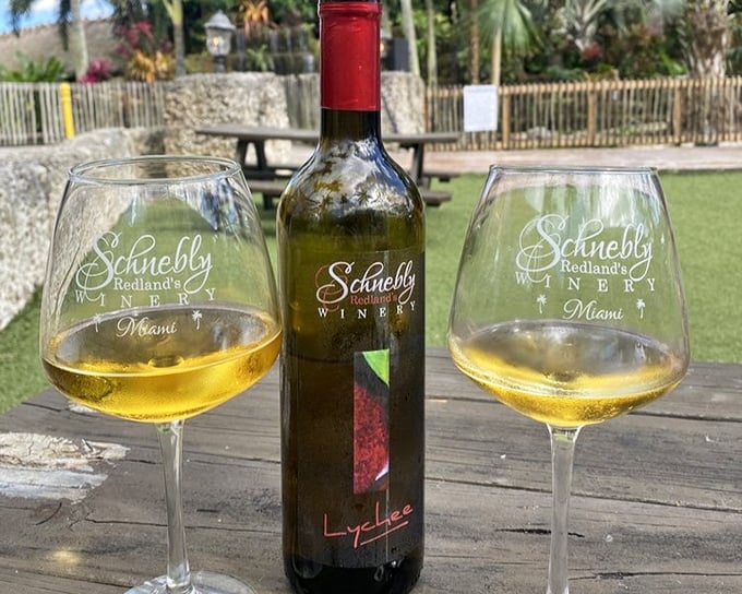 Lychee wine, one of Schnebly's most popular offerings, captures the delicate floral notes of this exotic fruit in every sip.