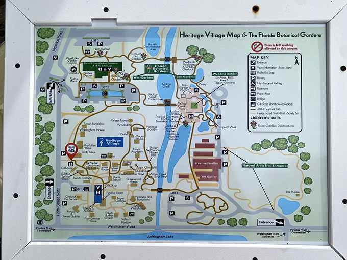 The Heritage Village map reveals a miniature town waiting to be explored, each building a chapter in Florida's story before the theme parks arrived.