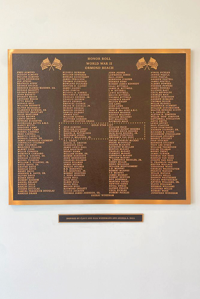 Names etched in bronze honor Ormond Beach's World War II veterans, transforming a simple plaque into a powerful testament of service.