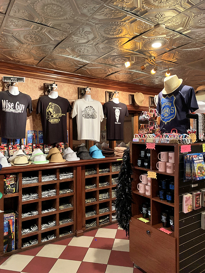 The merchandise area lets you take home a piece of the 1920s, from fedoras to t-shirts emblazoned with gangster-approved slogans.