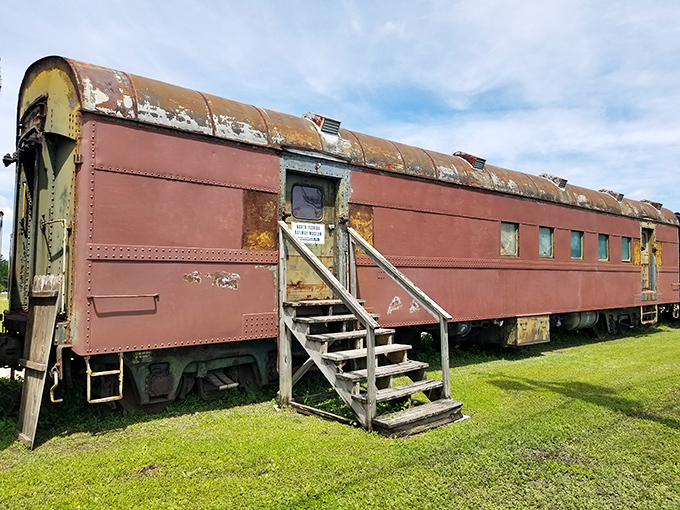 This weathered railway car stands as a rusted testament to transportation history, when trains connected Green Cove Springs to the nation.
