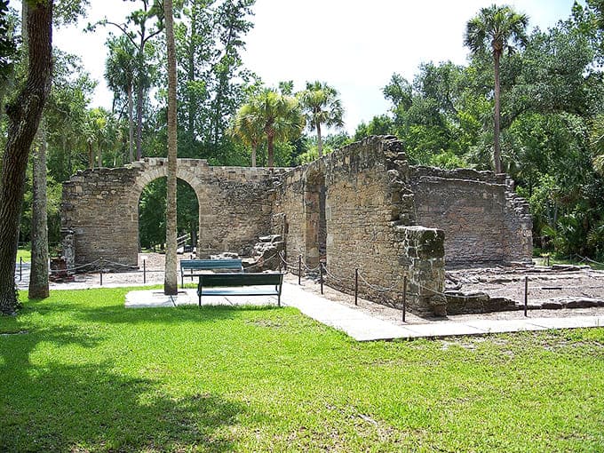Benches invite contemplation among the ruins, offering perfect spots for reflection on time's passage and human ambition's temporary nature.