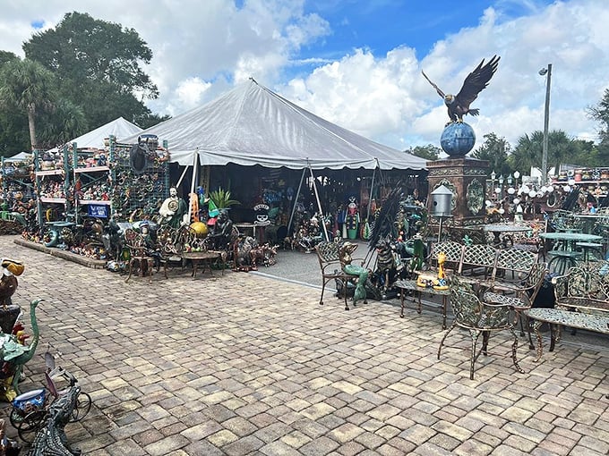 Outdoor art paradise under Florida skies, where metal sculptures catch sunlight and cast shadows that dance throughout the day.