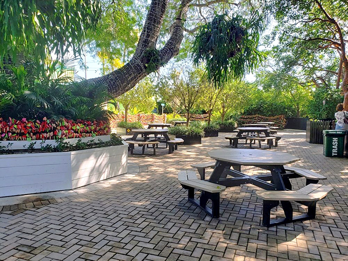 The outdoor seating area offers a tranquil spot to contemplate the serious business of exceptional pie appreciation.