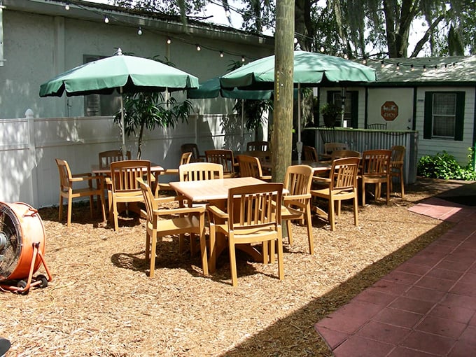 Outdoor seating under green umbrellas and string lights is where Florida dining dreams come true, especially during those perfect weather months.