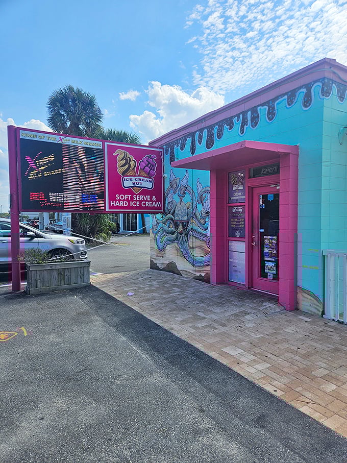 Florida sunshine provides the perfect excuse to indulge in frozen treats, with palm trees standing sentinel over this colorful ice cream haven.