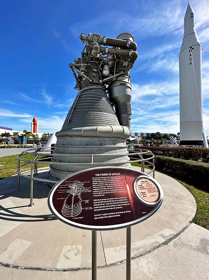 The mighty F-1 engine that powered Saturn V rockets to the moon represents the raw power behind humanity's greatest journey.