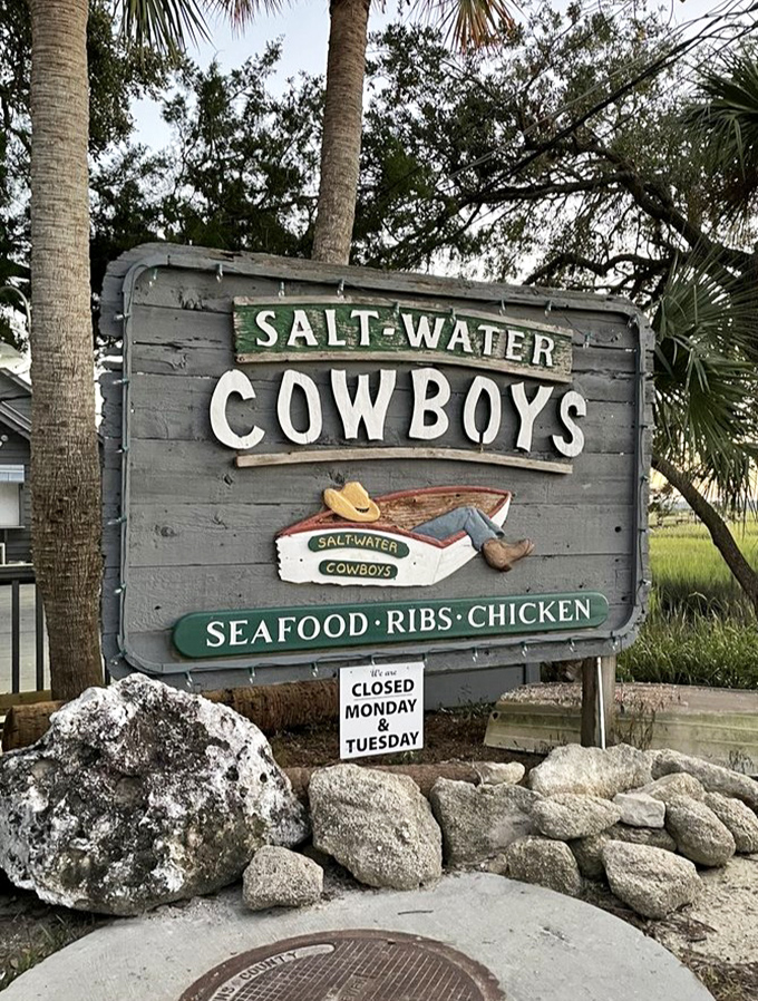 The sign says it all &ndash; seafood, ribs, and chicken served with a side of coastal charm, just remember they're closed Mondays and Tuesdays.